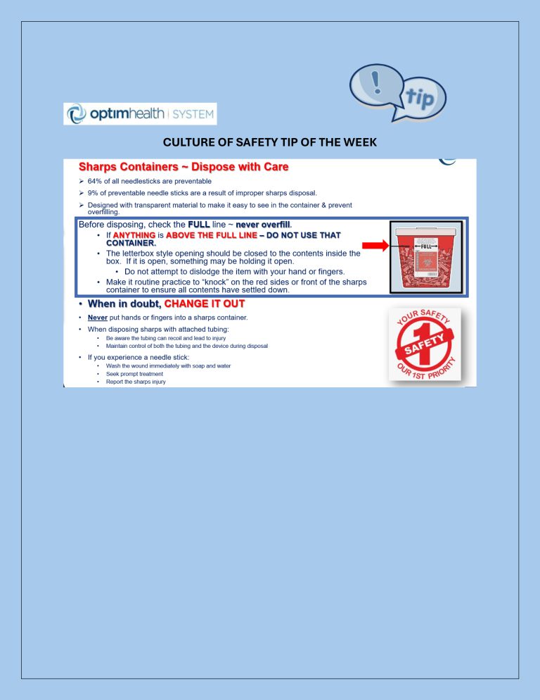 Culture of Safety Tip of the Week: Sharps Containers - OPTIM Health System