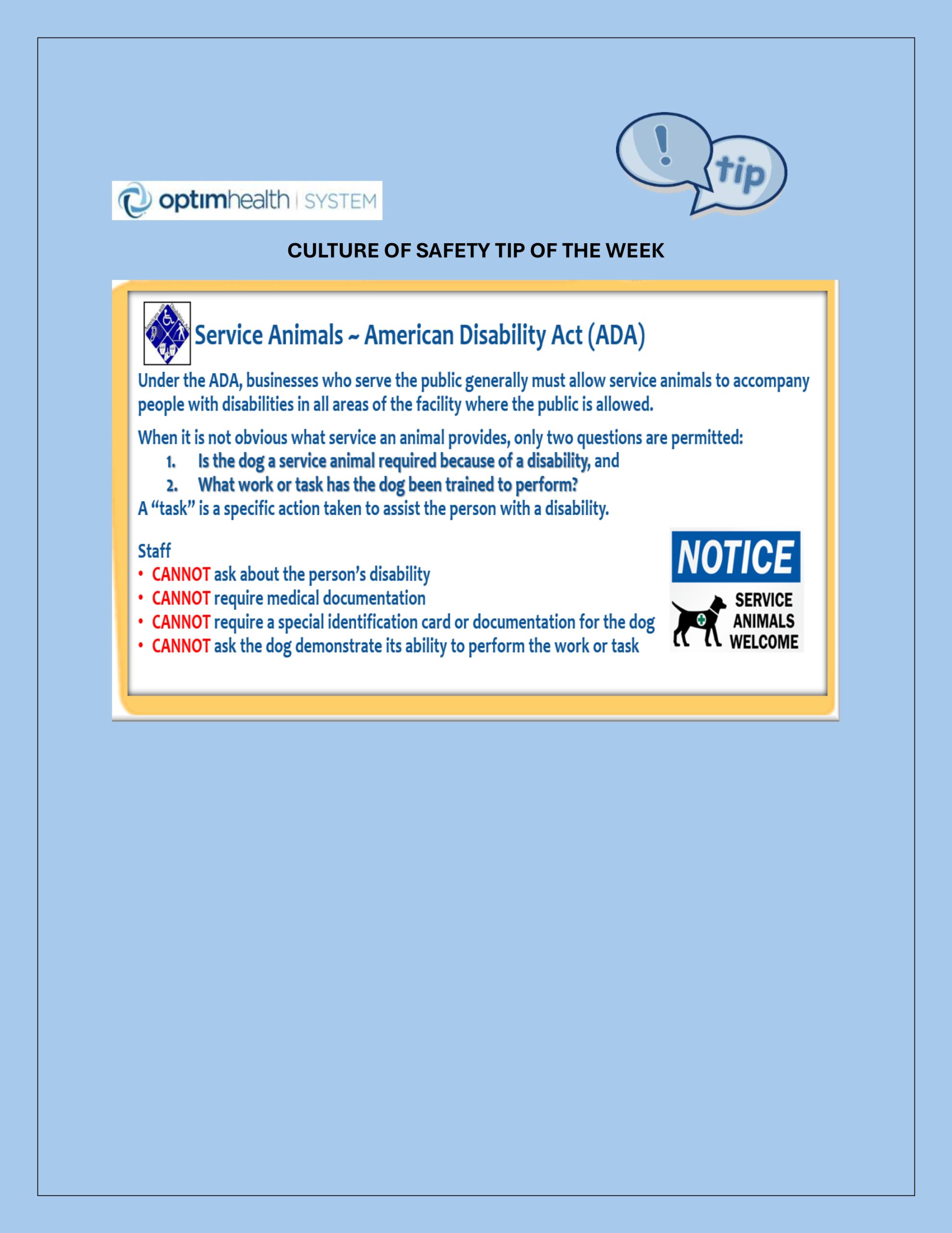 Culture of Safety Tip of the Week: Service Animals - OPTIM Health System